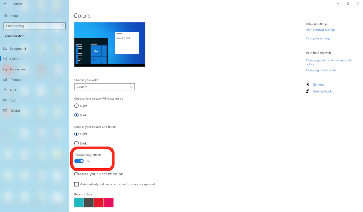 Enable Or Disable Transparency On Windows 10